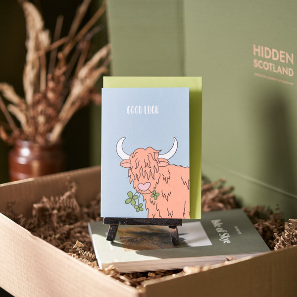 Neon Magpie Highland Cow Good Luck Card